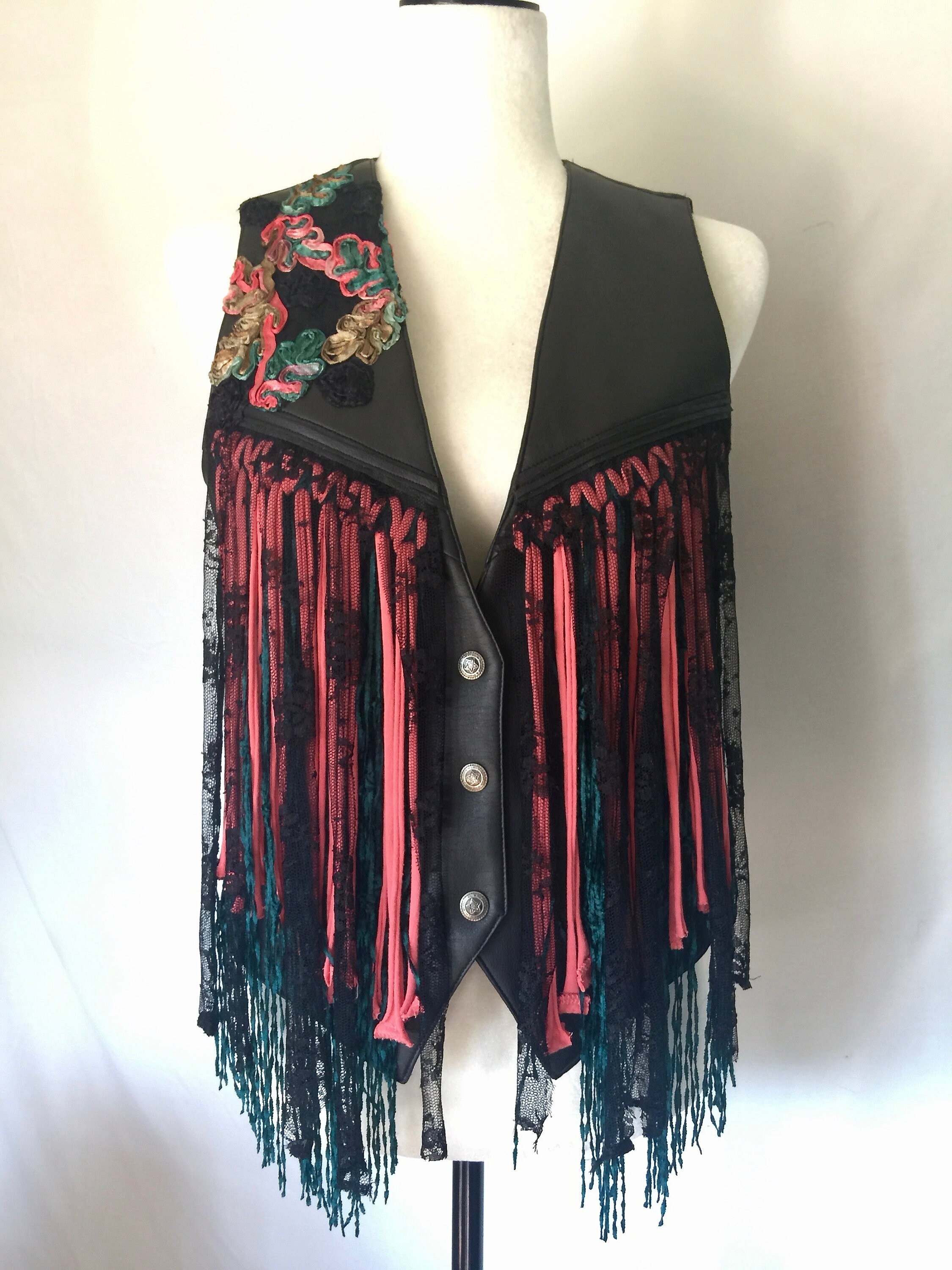 Buy Sz M OOAK Altered Vintage Faux Vegan Leather Vest With Fringe and ...