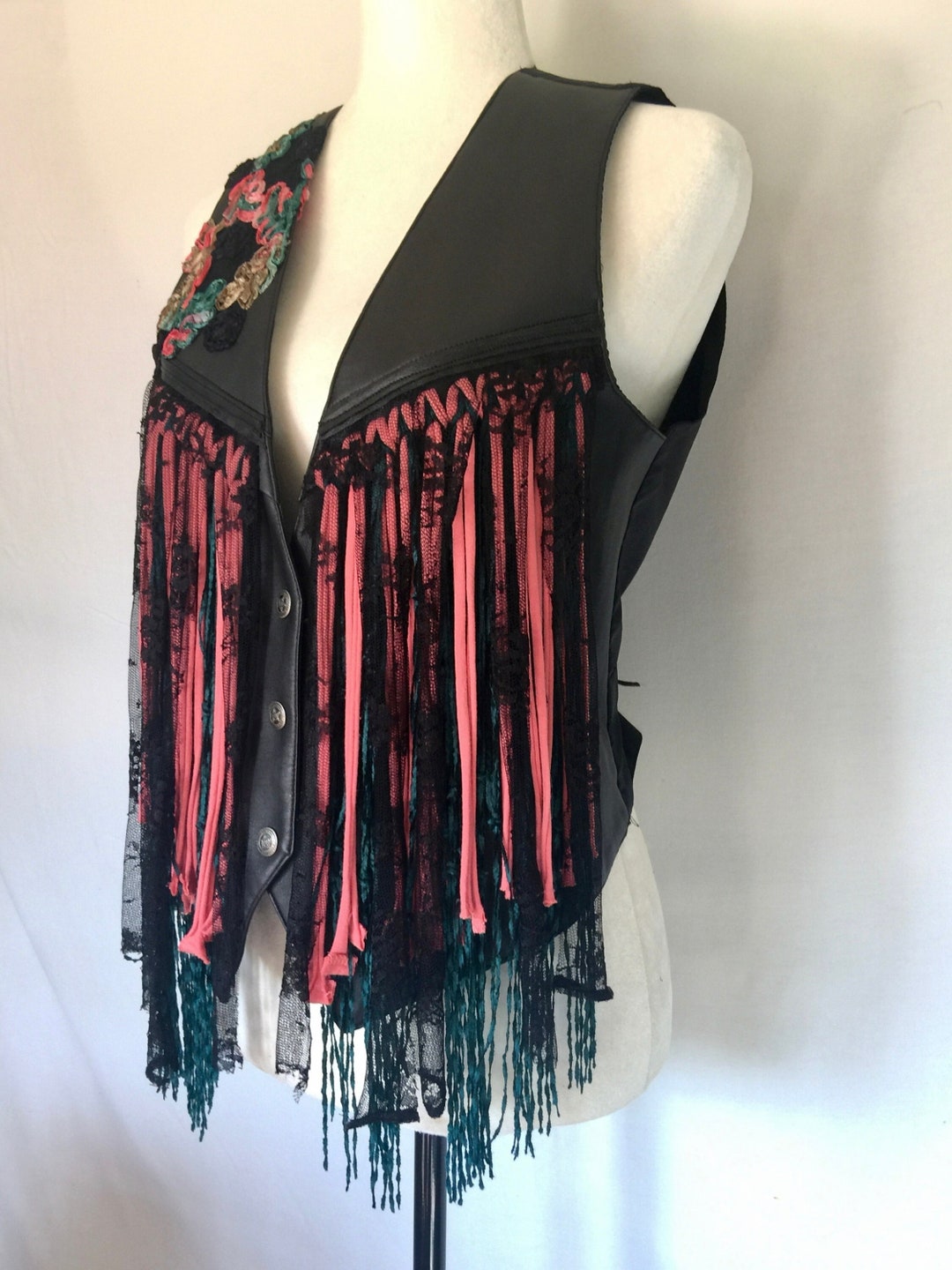 Buy Sz M OOAK Altered Vintage Faux Vegan Leather Vest With Fringe and ...