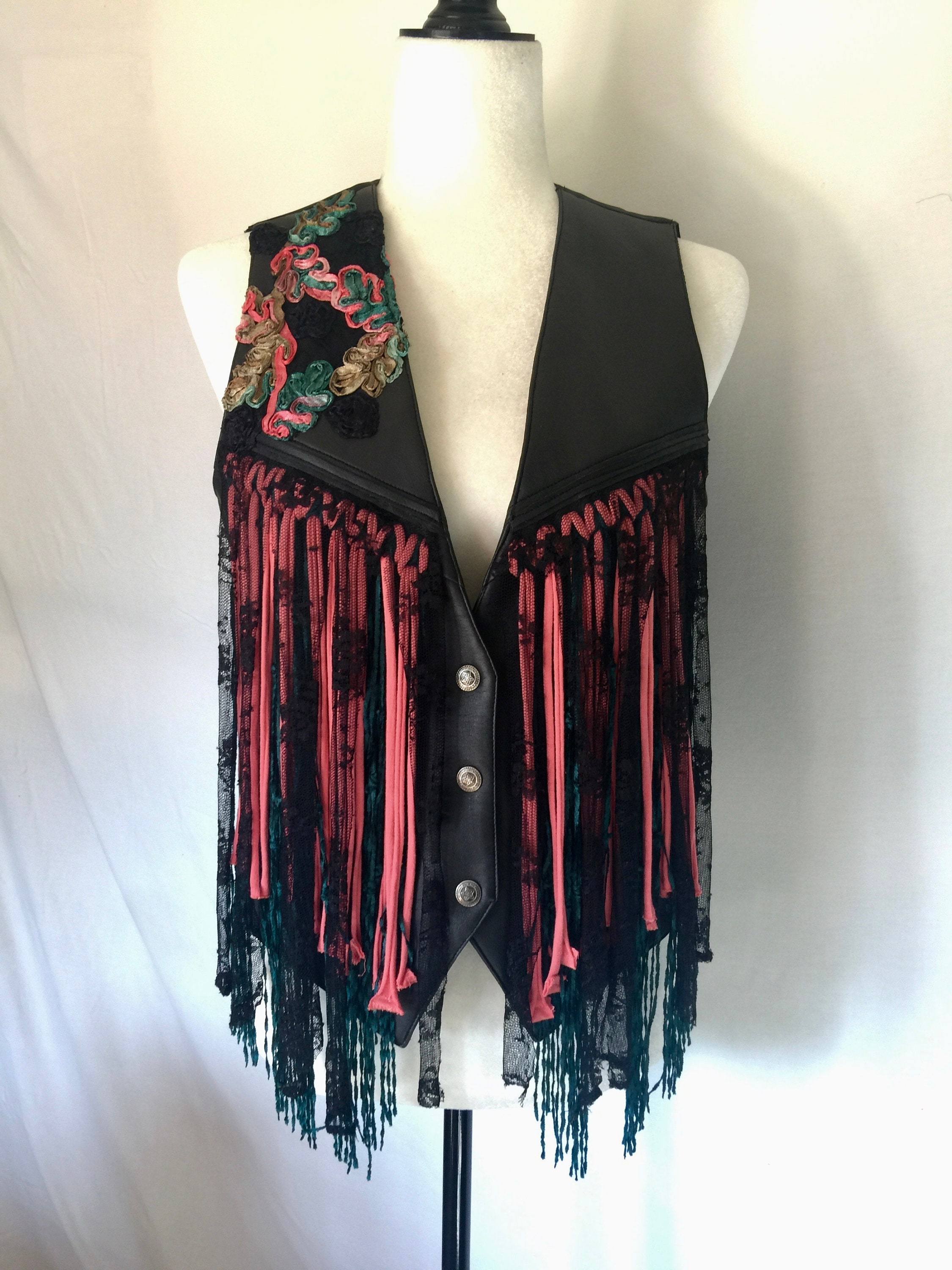 Buy Sz M OOAK Altered Vintage Faux Vegan Leather Vest With Fringe and ...