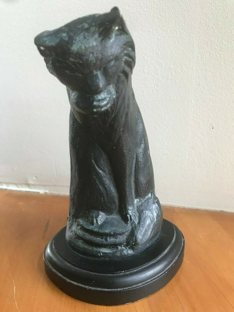 Antique Cat Sitting Metal Verdigris Copper Statue Black Wood Base C ...