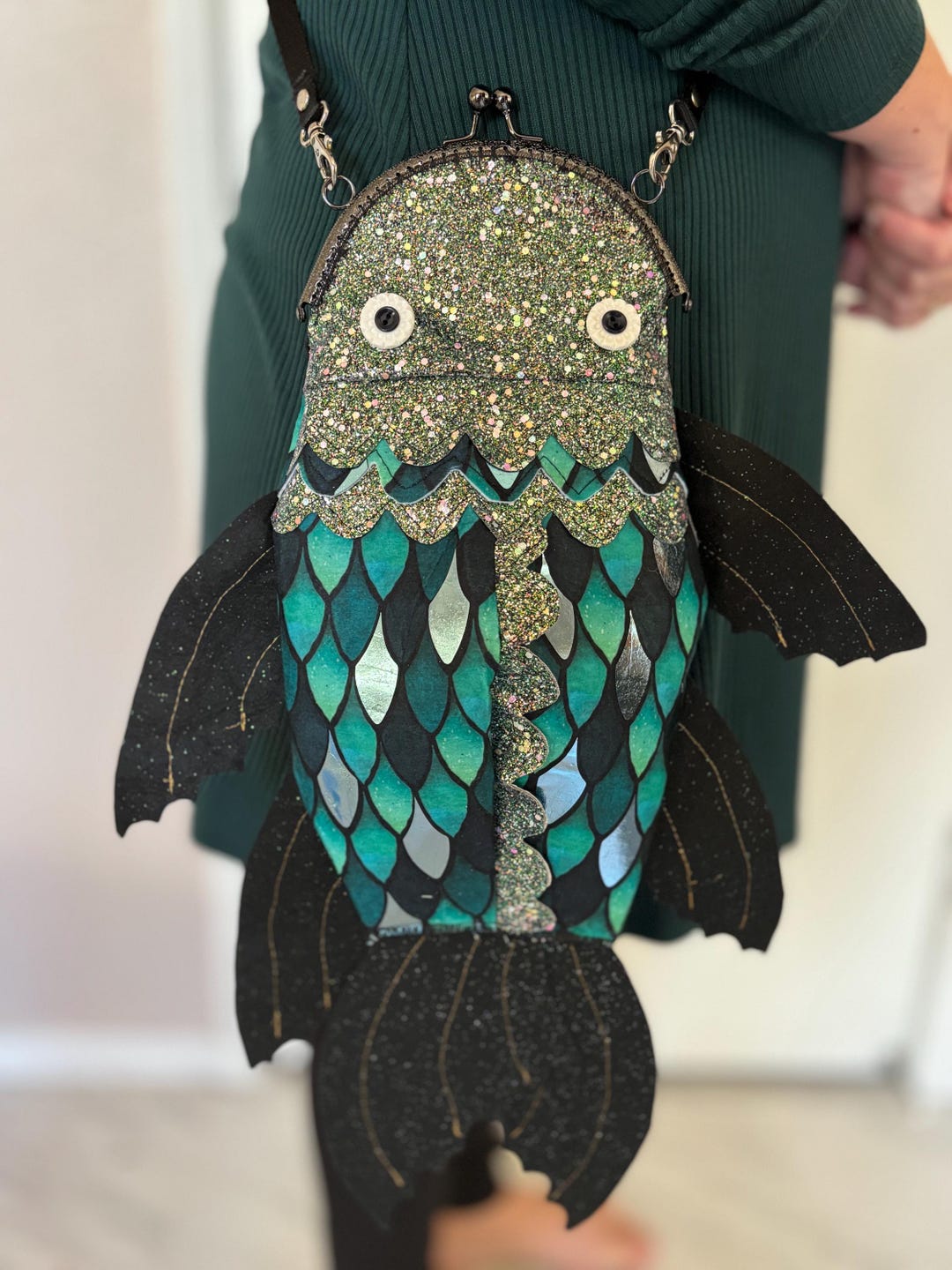 Crossbody Fish Purse Bag Black Green Gold Glitter - Etsy