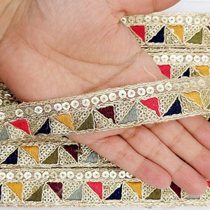 Gold Sequin Border With Multicoloured Triangle Embroidery, Beige ...