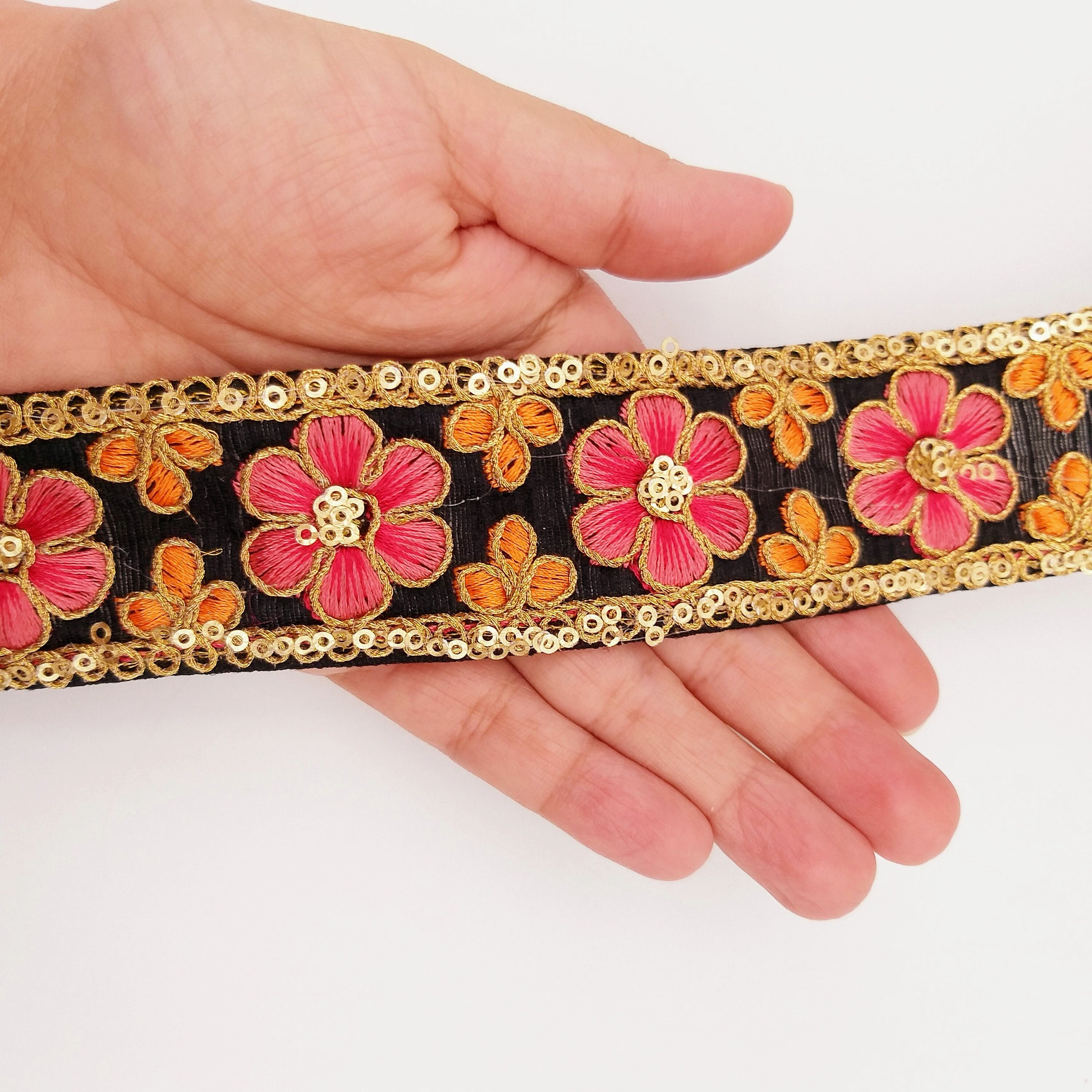 Black Art Silk Fabric Trim with Floral Embroidery Gold And | Etsy