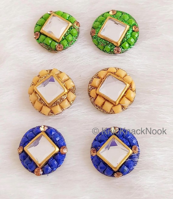 Lacquer Round Button With Beads in Gold / Blue / Green and | Etsy UK