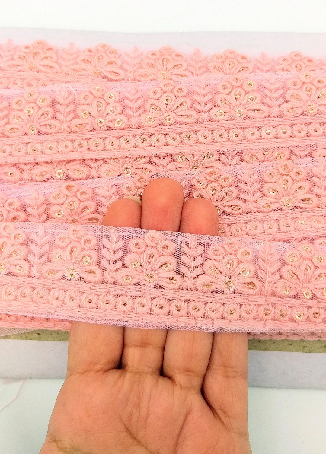 Pink Net Lace Trim With Floral Embroidery and Gold Sequins, Sequinned ...
