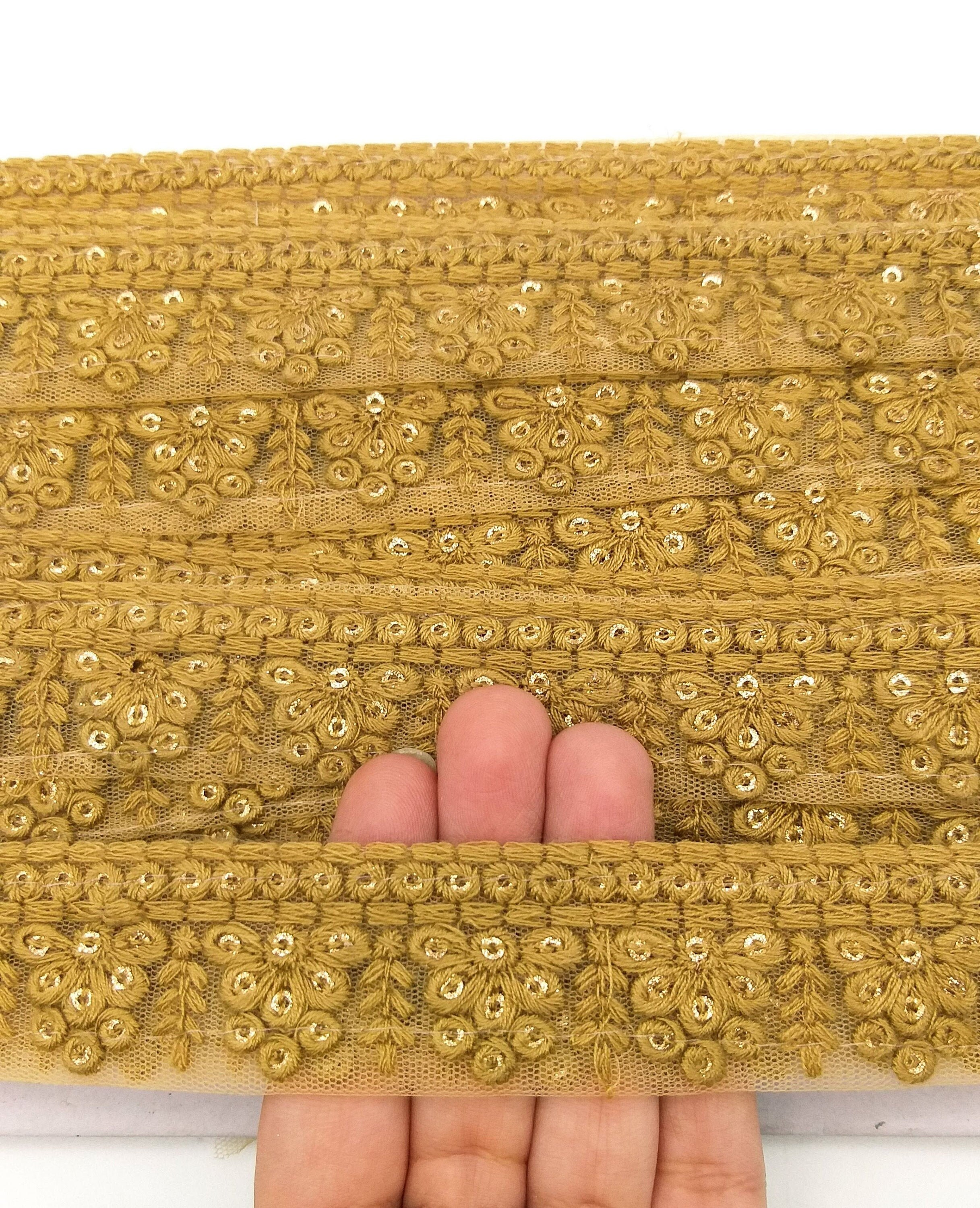 Brown Net Lace Trim With Floral Embroidery And Gold Sequins | Etsy