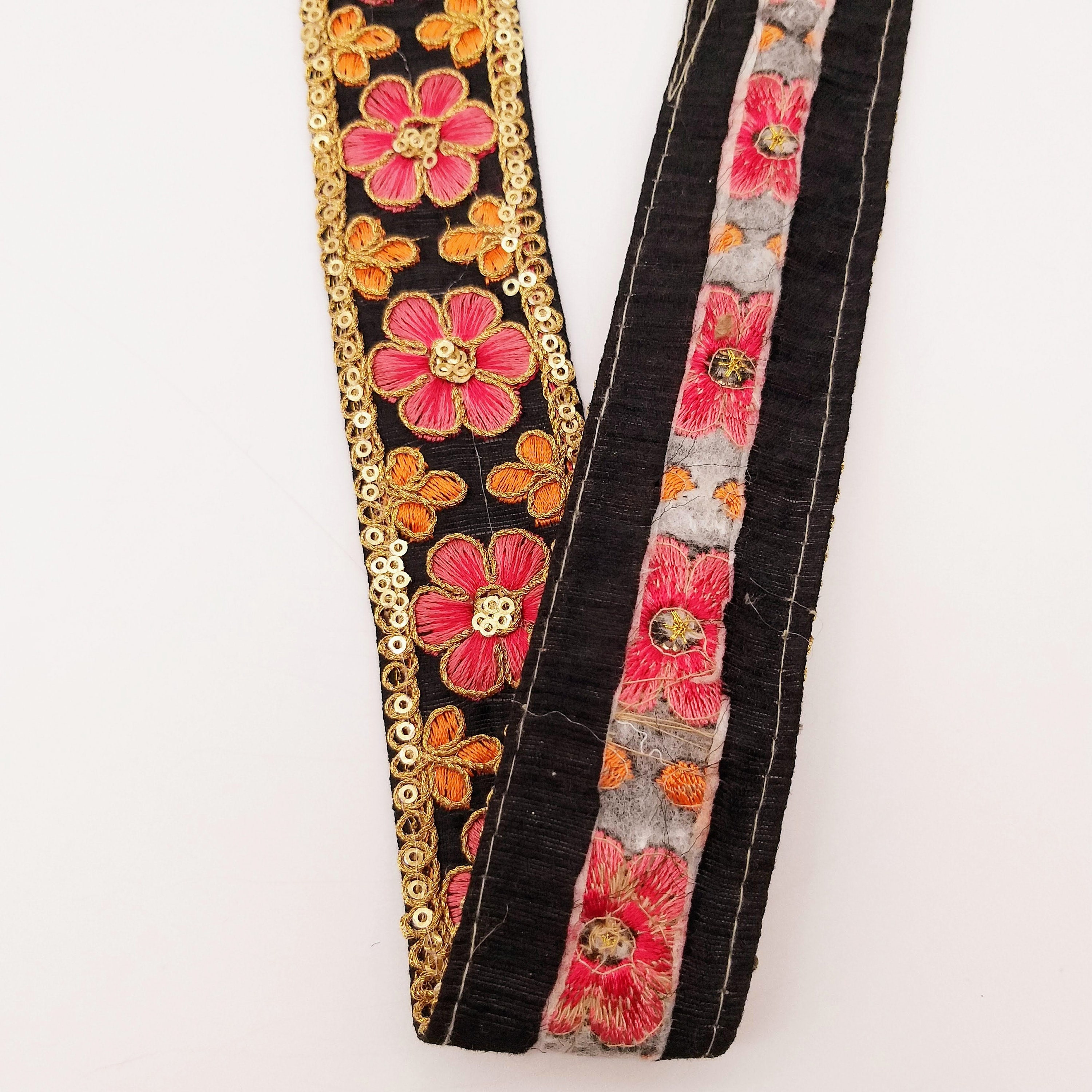 Black Art Silk Fabric Trim with Floral Embroidery Gold And | Etsy