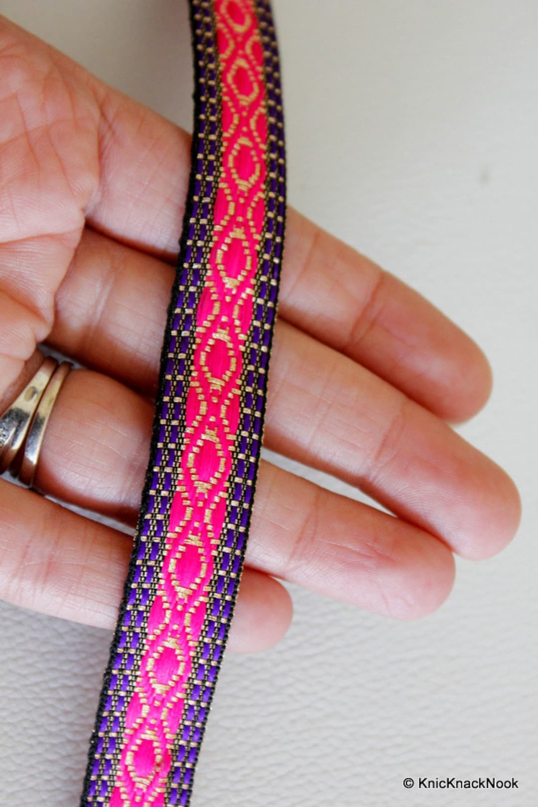 Fuchsia Pink, Violet and Gold Thread Embroidery Lace Trim, Approx. 17mm ...
