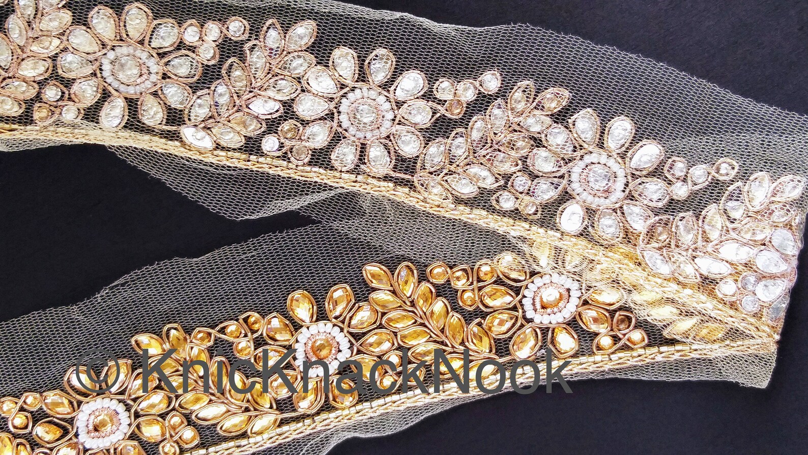 Hand Embroidered Beige Net Lace Trim With White Beads Gold - Etsy UK