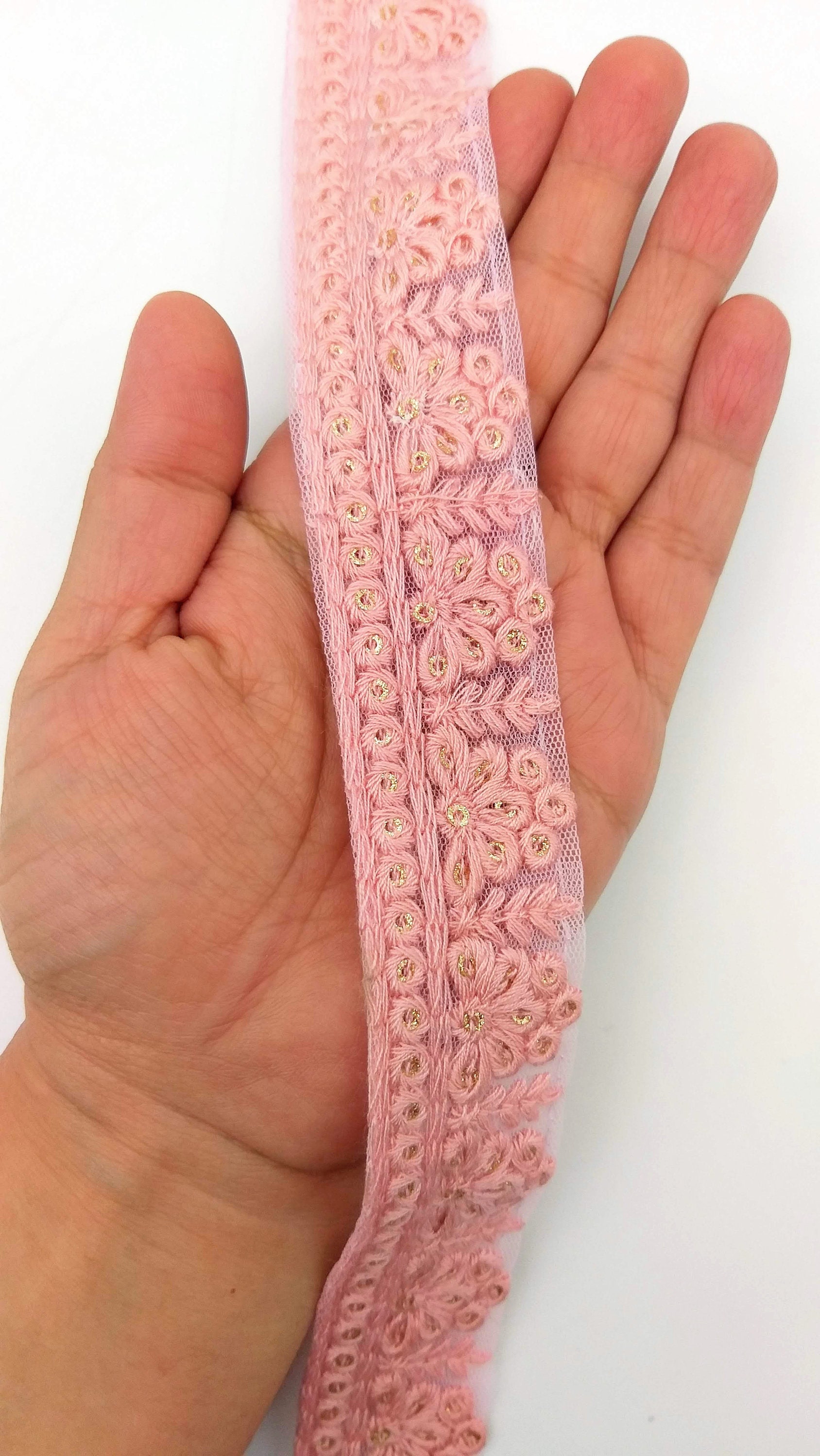 Pink Net Lace Trim With Floral Embroidery and Gold Sequins - Etsy UK