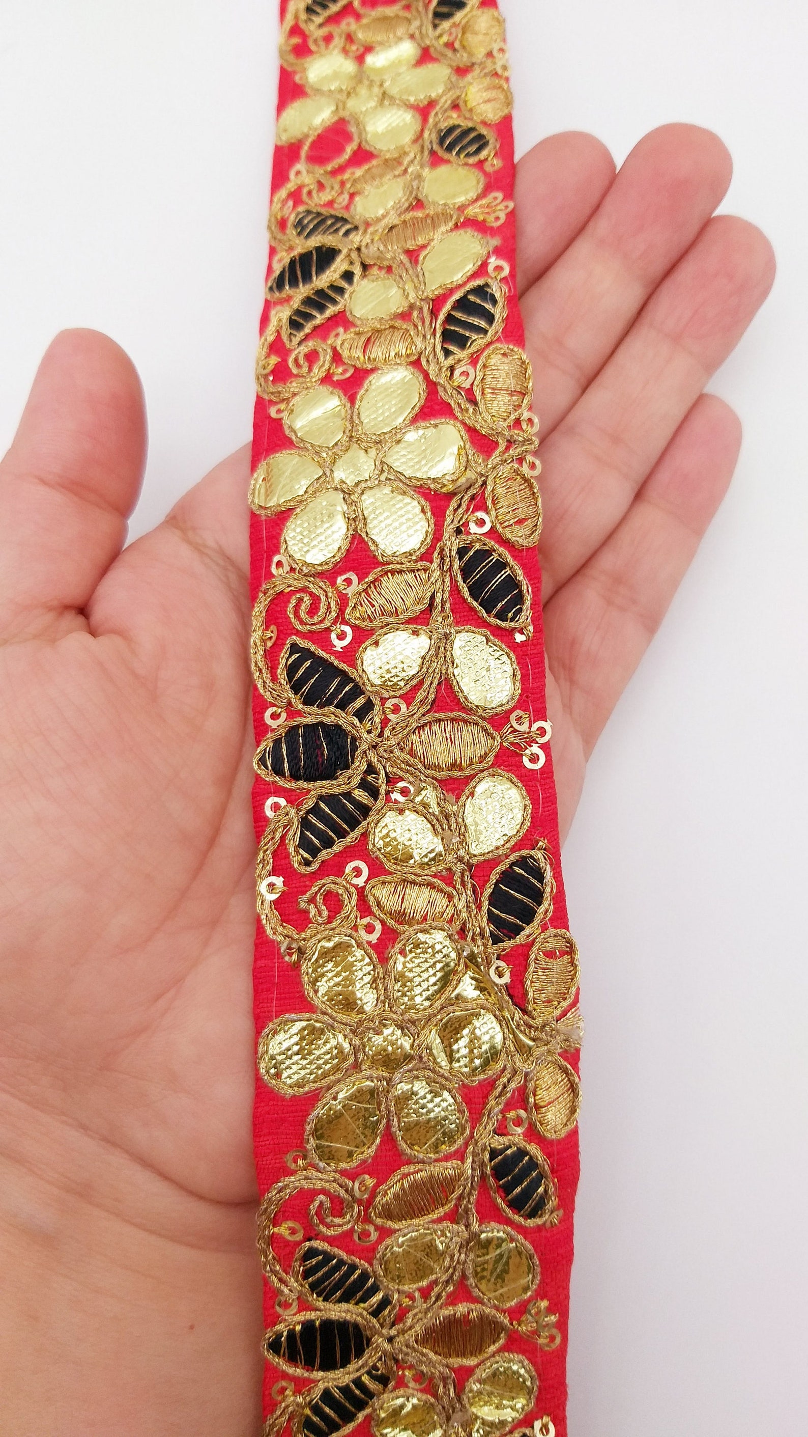 Red Fabric Trim in Black & Gold Floral Embroidery Gota Patti - Etsy UK