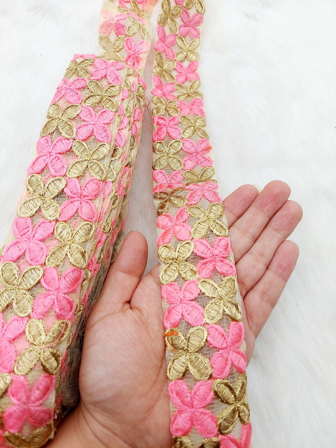 Pink and Gold Floral Embroidered Trim, Trim by 2 Yards, Decorative Trim ...