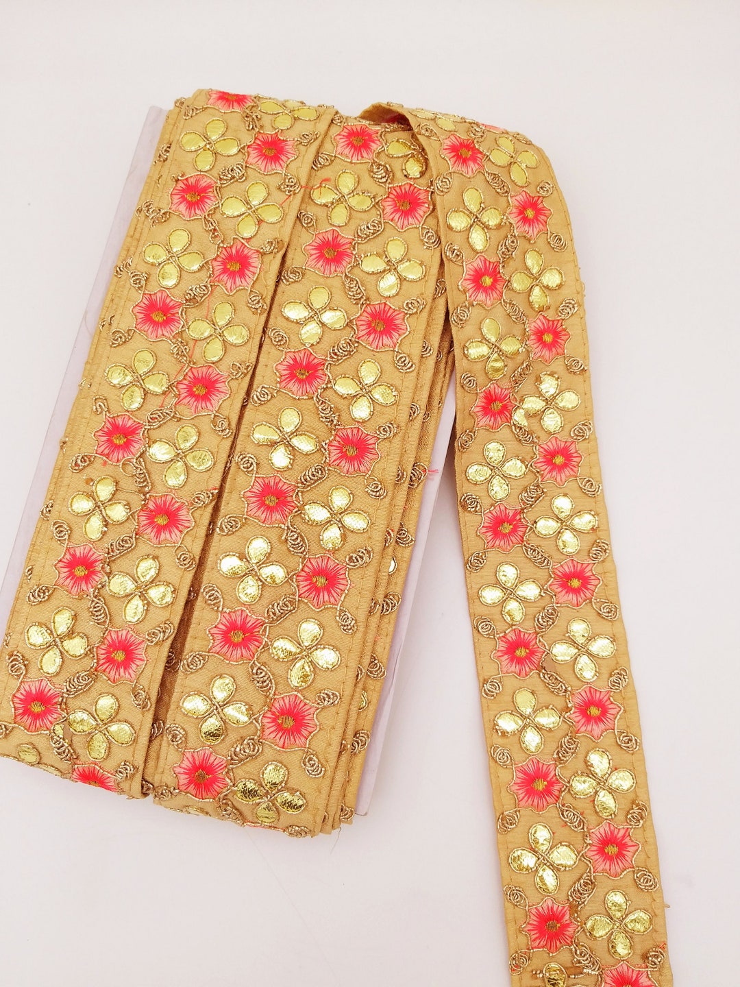 Beige Art Silk Fabric Trim, Salmon Pink & Gold Floral Embroidery Gota ...