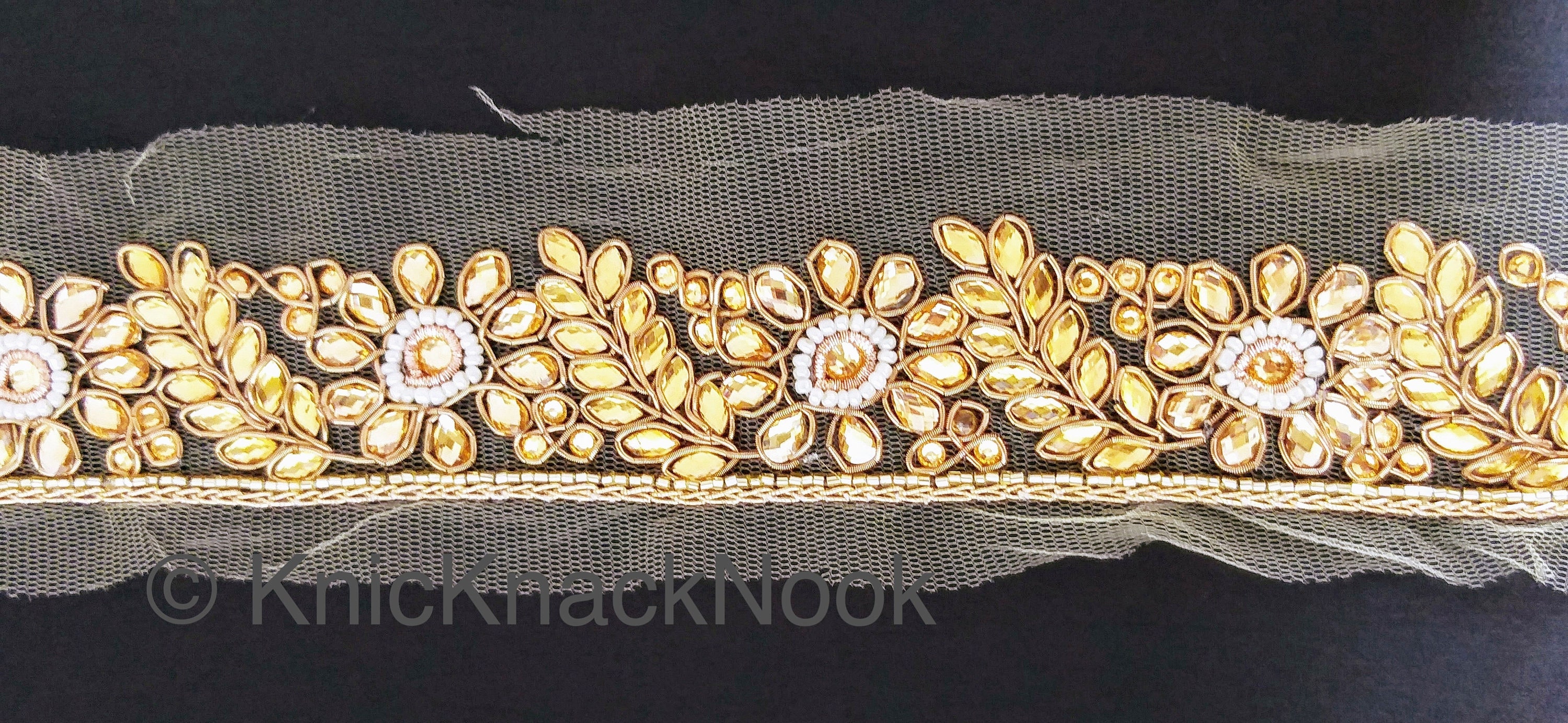 Hand Embroidered Beige Net Lace Trim With White Beads Gold - Etsy UK