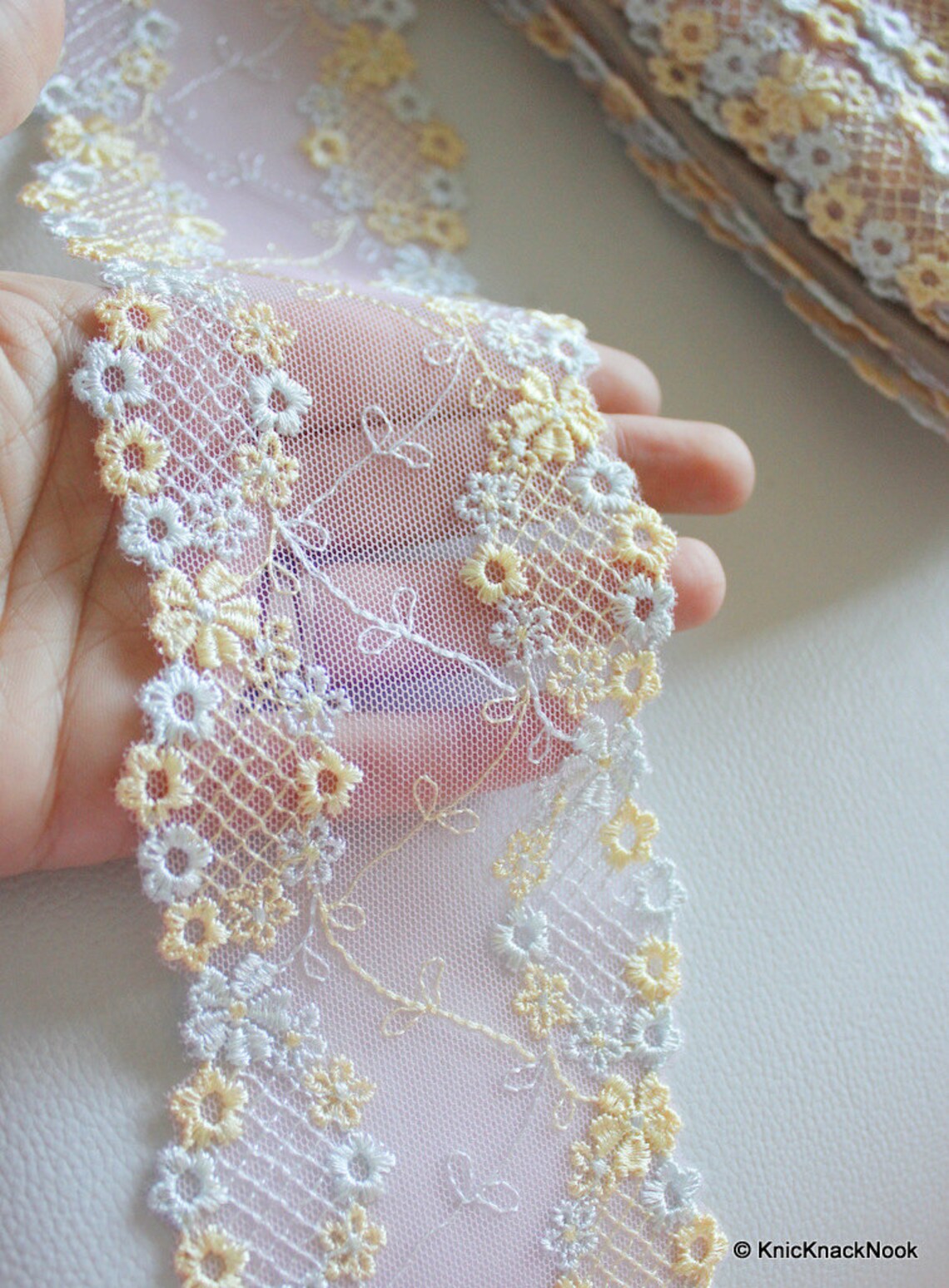 Light Pink Soft Net Lace Trim With Embroidered Yellow and Blue | Etsy
