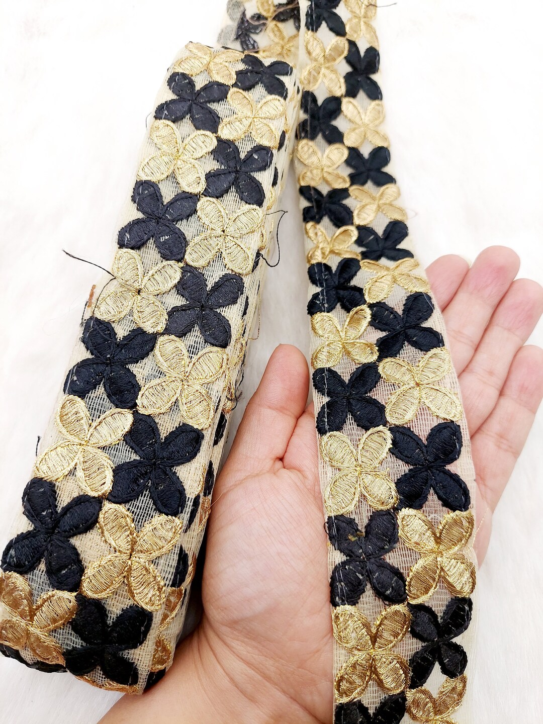 Black and Gold Floral Embroidered Trim, Trim by 2 Yards, Decorative ...