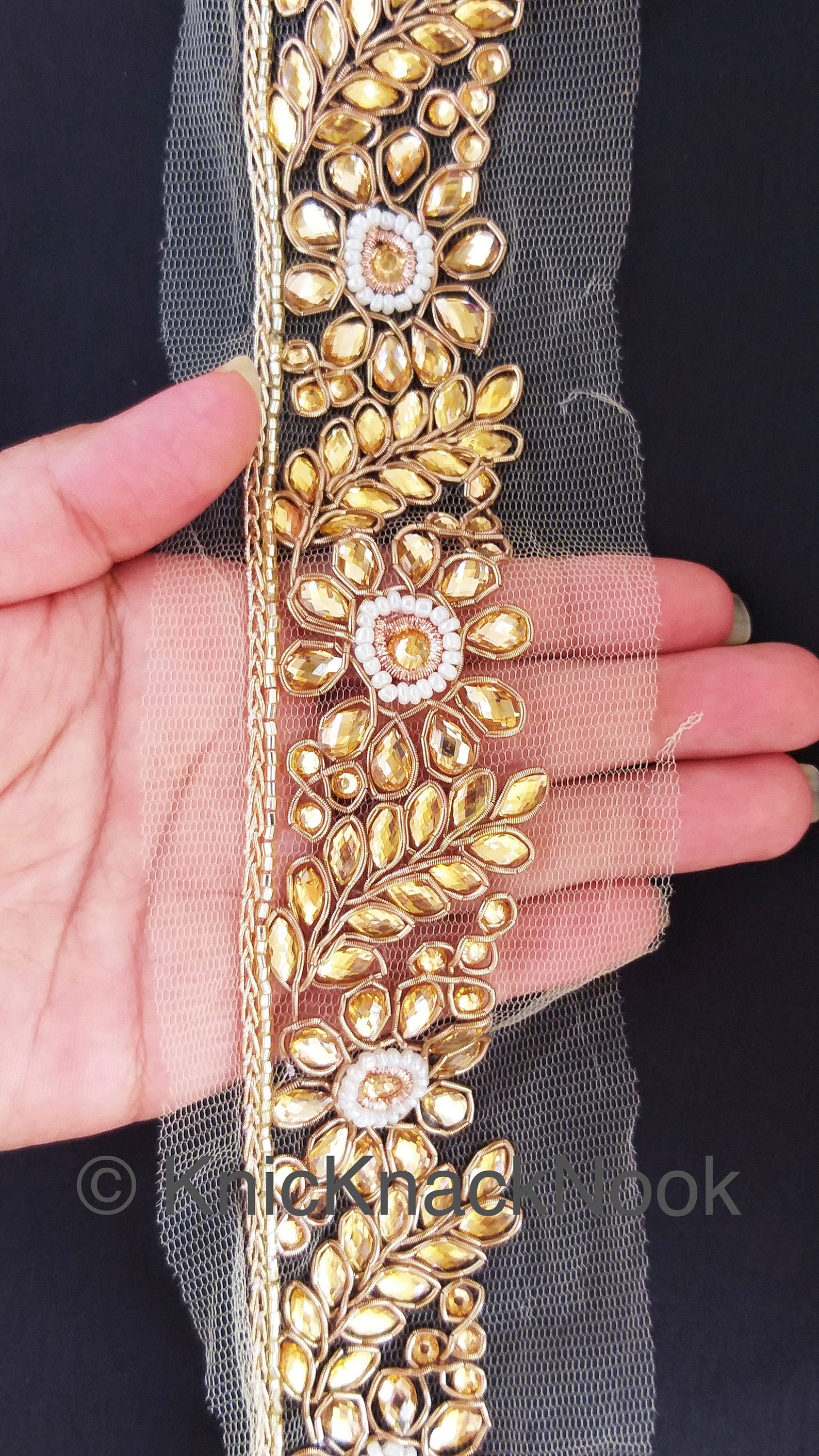 Hand Embroidered Beige Net Lace Trim With White Beads Gold - Etsy UK