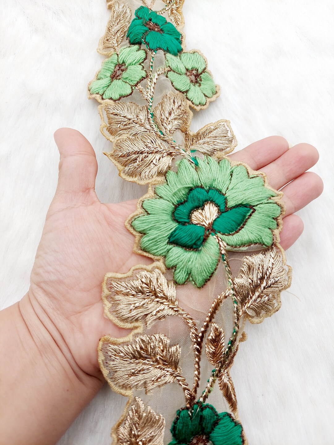 Green & Gold Embroidered Floral Trim: Cutwork Lace Sari Border - Etsy