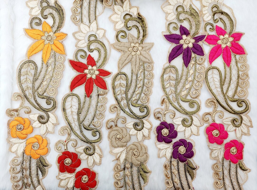Sari Border Floral Embroidered Trim, Tissue Fabric Cutwork Lace Trim ...