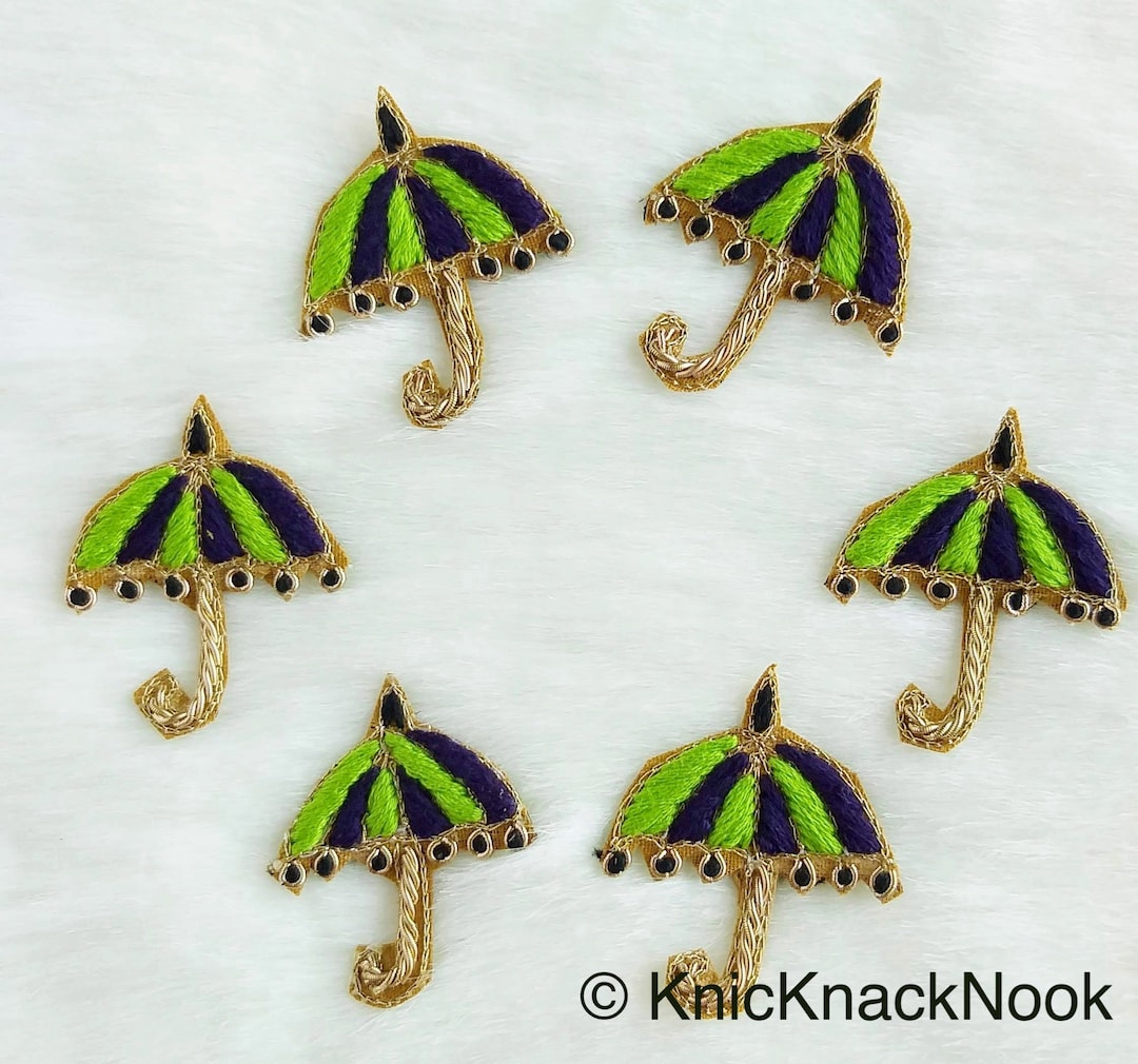 Umbrella, Green, Blue, Black and Gold Embroidered Applique, Umbrella ...