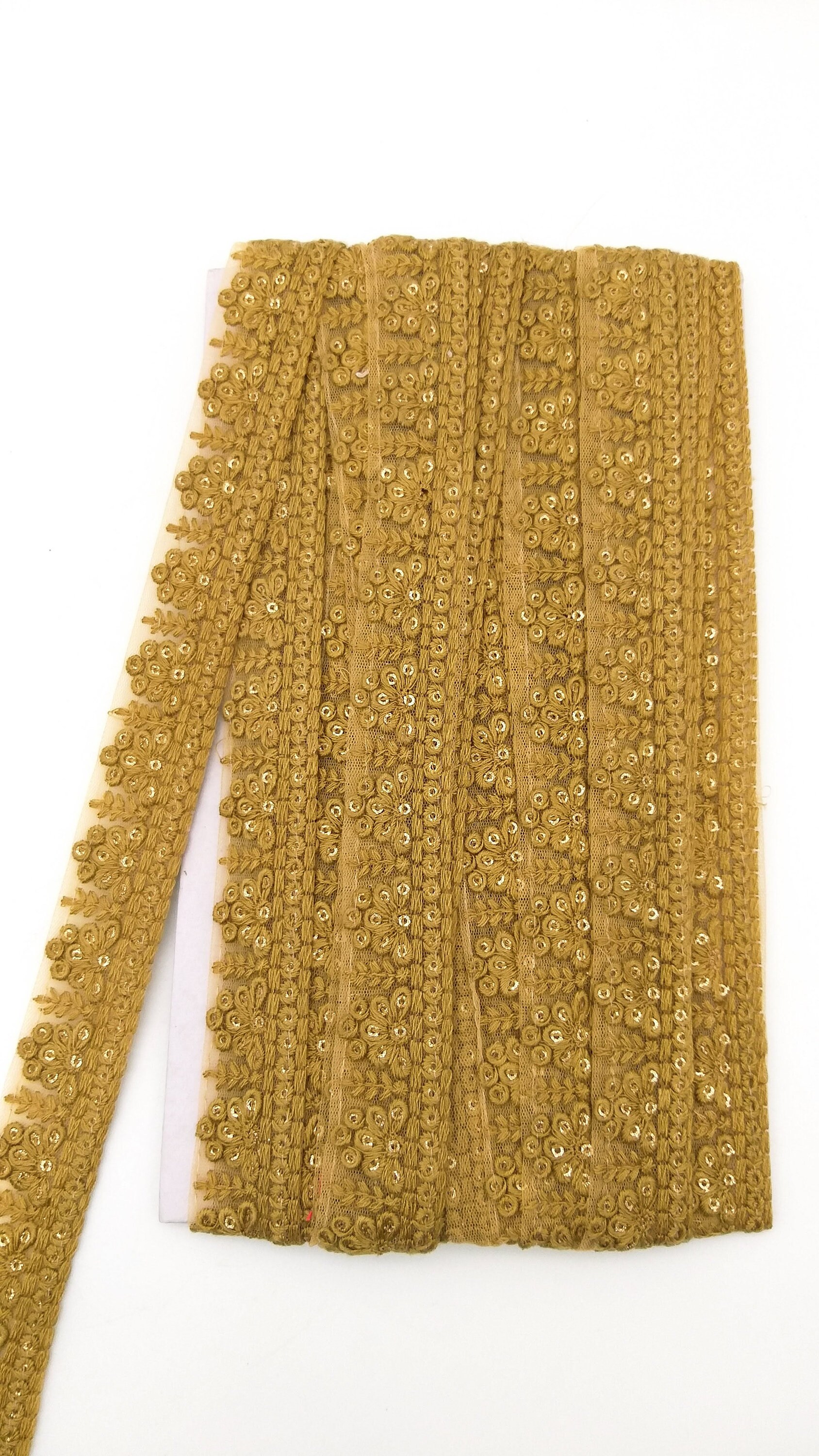 Brown Net Lace Trim With Floral Embroidery And Gold Sequins | Etsy