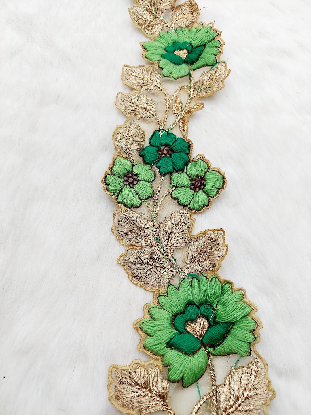 Green and Gold Floral Embroidered Trim, Tissue Fabric Cutwork Lace ...