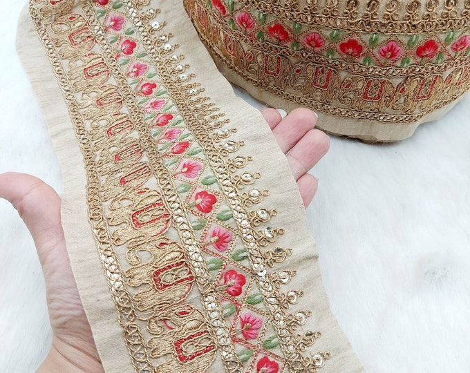 Beige and Gold Art Silk Fabric Trim With Elephant and Floral Embroidery ...