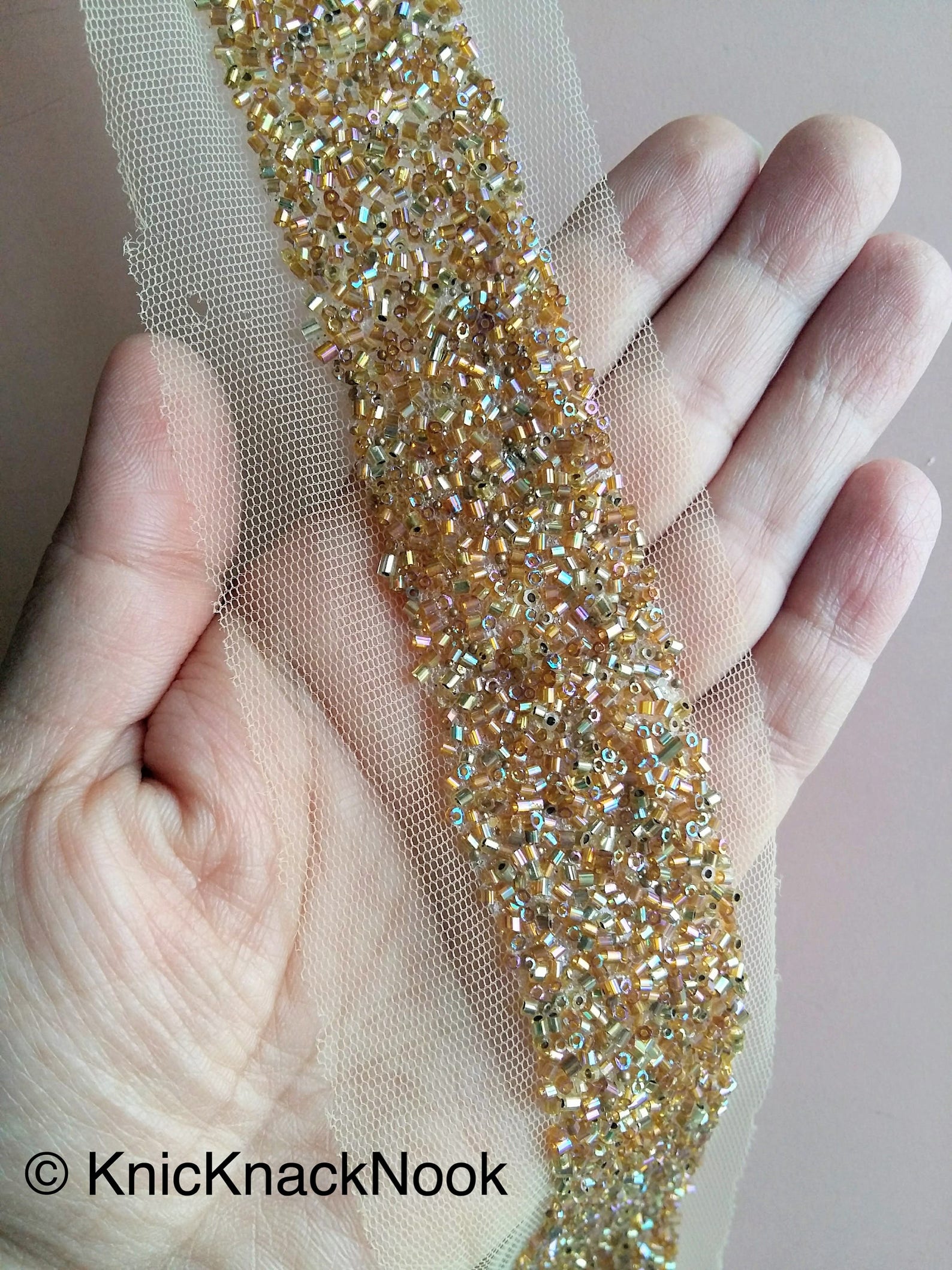 Beige Net Trim With Gold / Copper Beads Embellishments | Etsy
