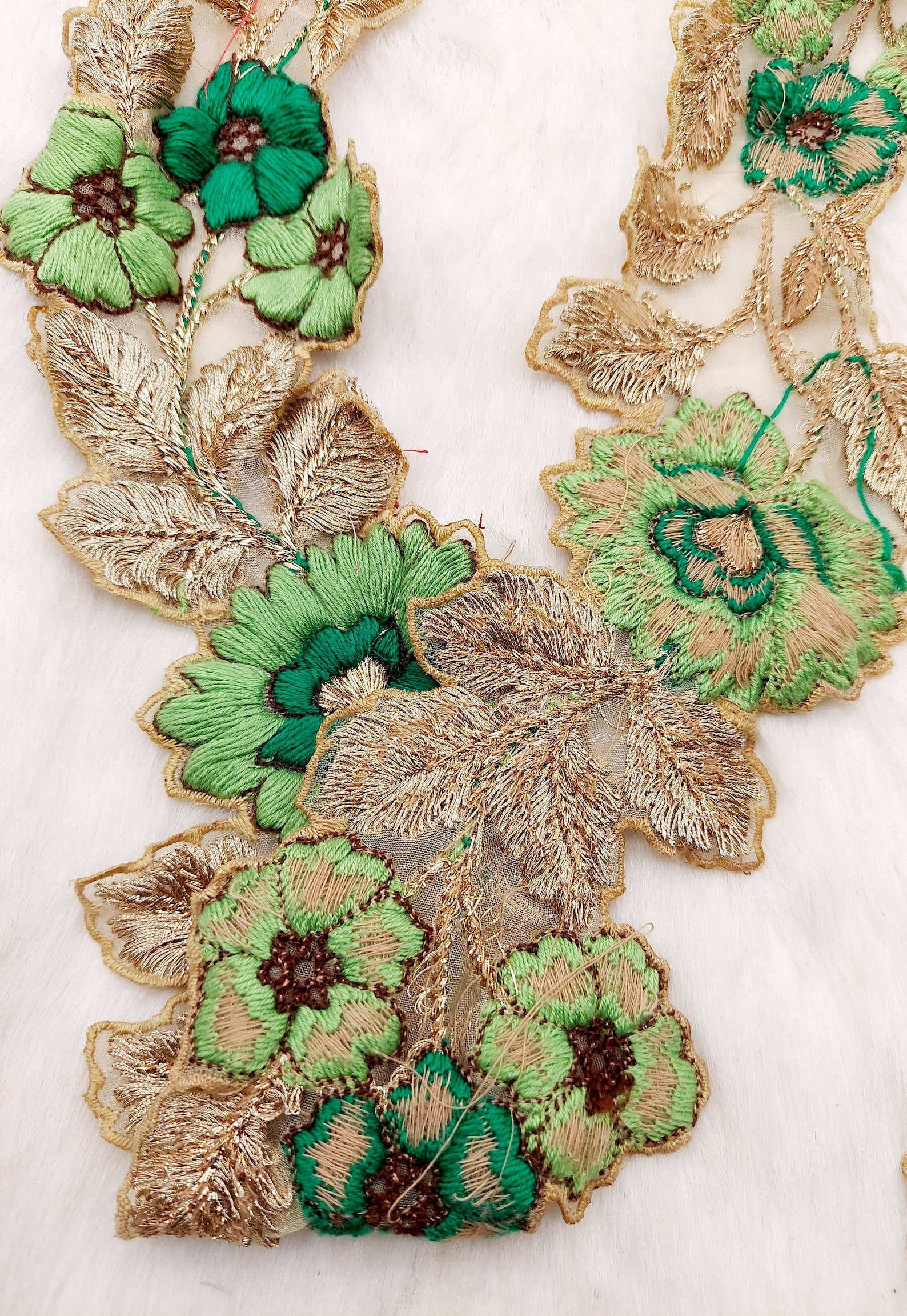 Green and Gold Floral Embroidered Trim Tissue Fabric Cutwork - Etsy