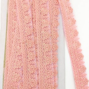 Pink Net Lace Trim With Floral Embroidery and Gold Sequins, Sequinned ...