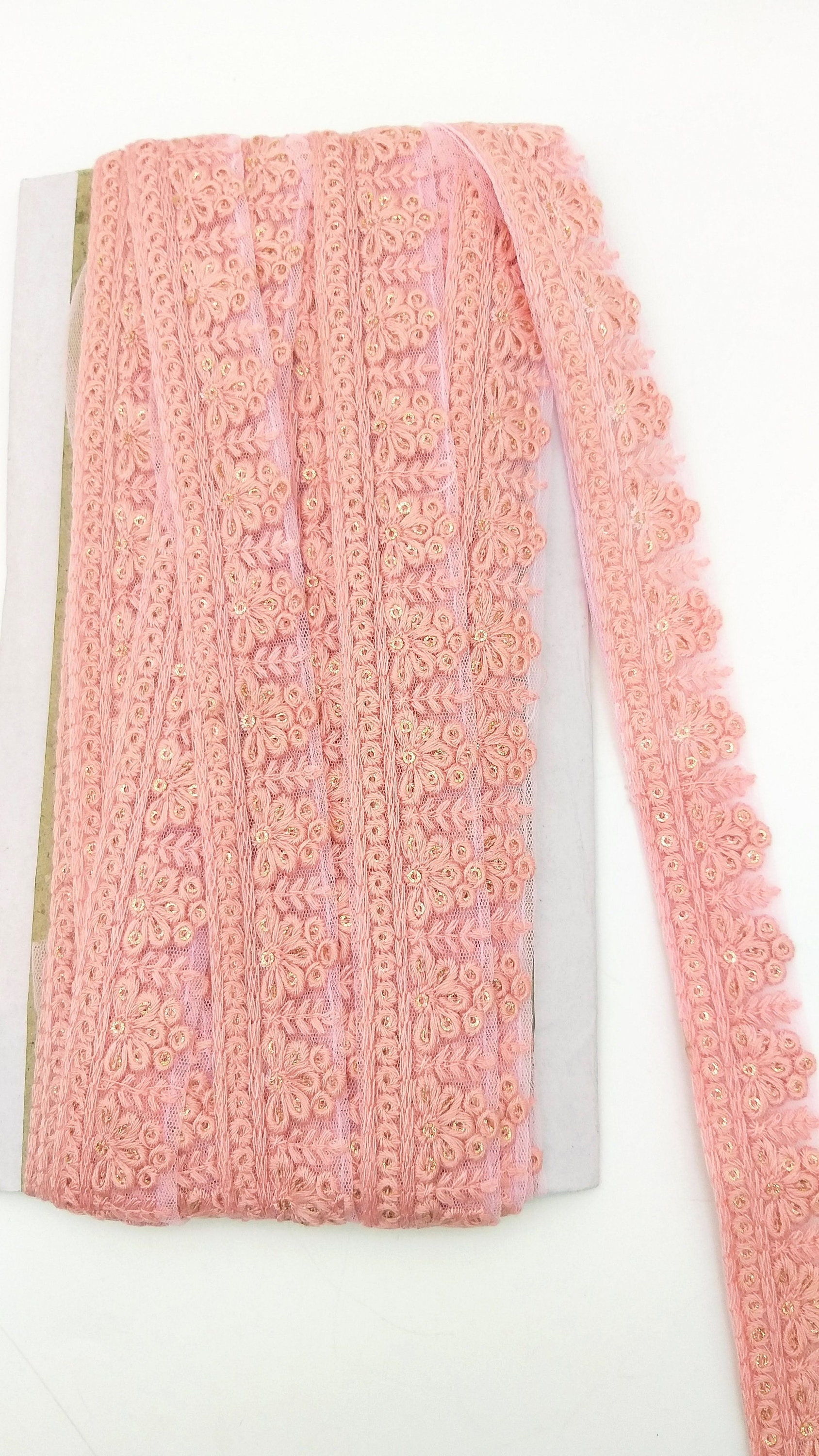Pink Net Lace Trim With Floral Embroidery And Gold Sequins | Etsy