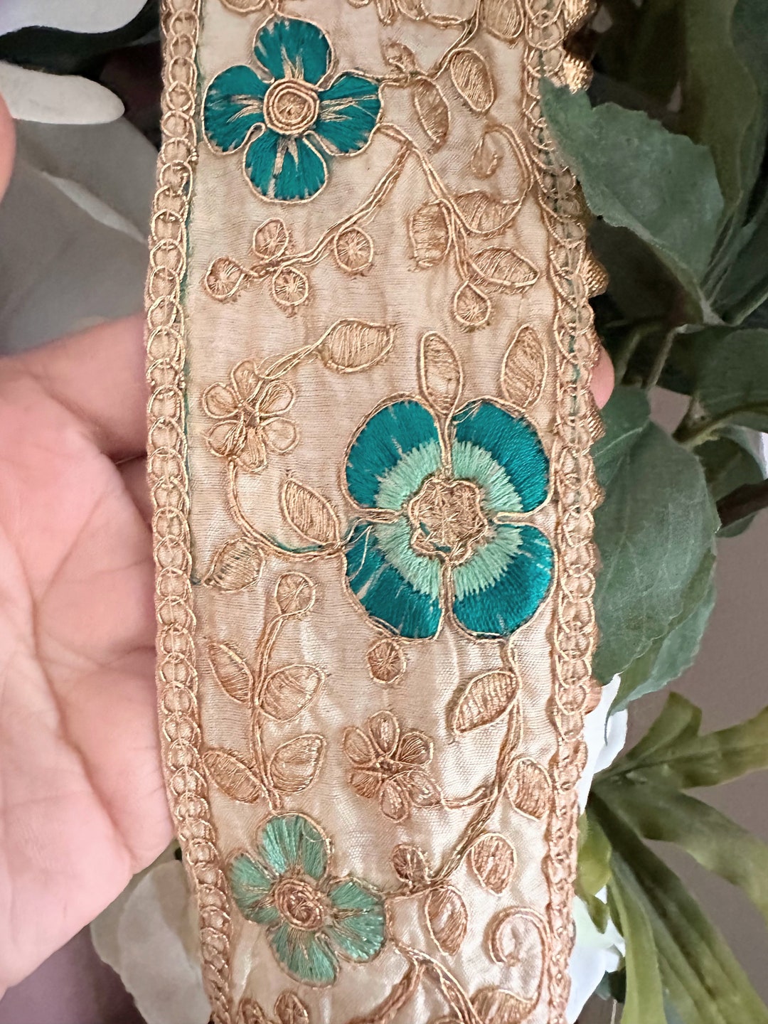 Green and Gold Floral Embroidered Lace Trim, Embroidered Flowers Border ...
