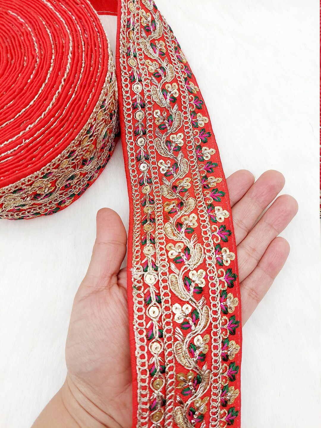 Red Embroidered Indian Trim, Sari Border Trim Floral Embroidery ...