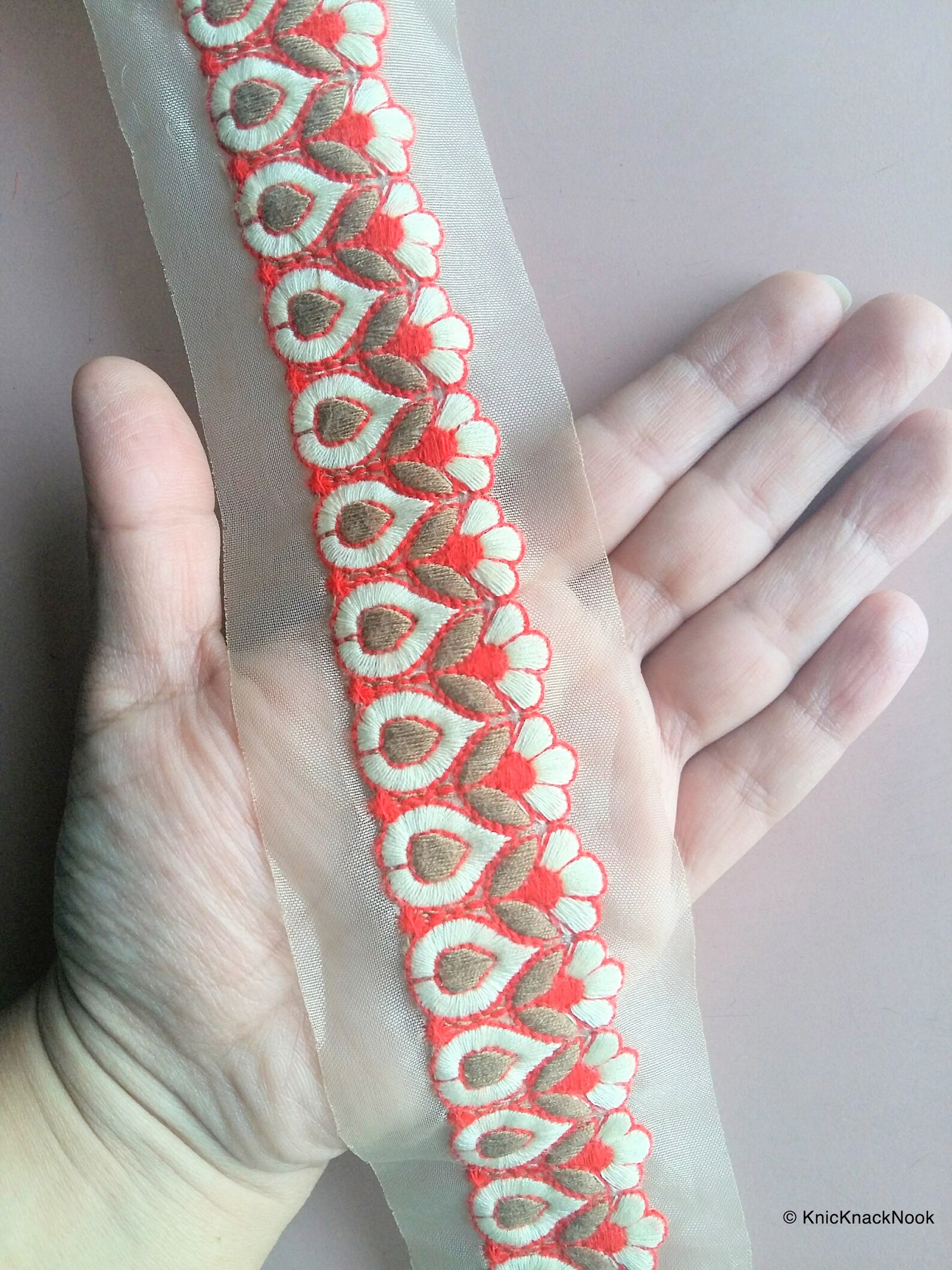 Buy Sheer Gold Fabric Trim With Floral Thread Embroidery One Yard ...