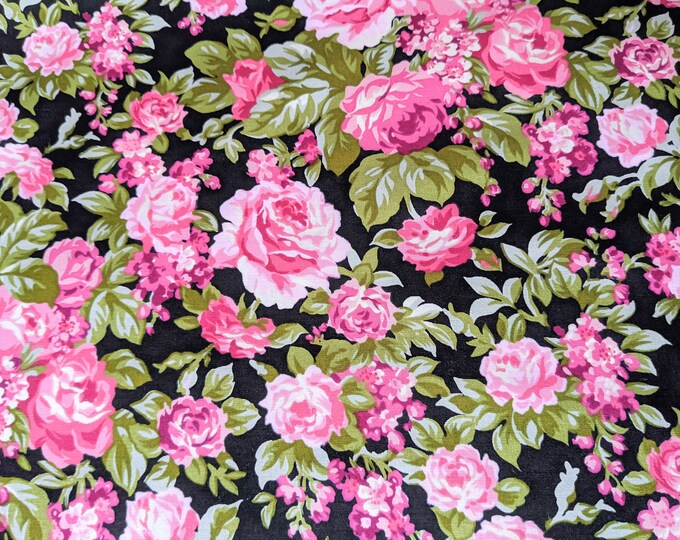 Pink Roses Fabric Dark Floral Black Roses on Black Jumbo Size by ...