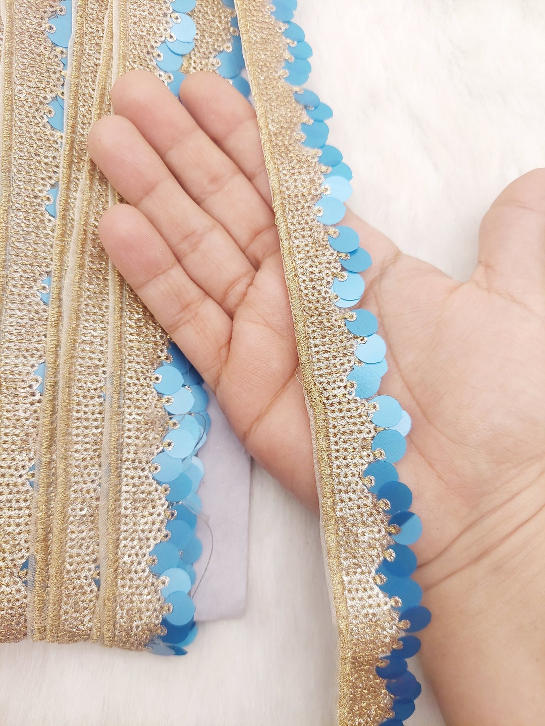 Blue and Gold Sequin Fringe Trim, Cutwork Edge Trimming, Bohemian Trim ...