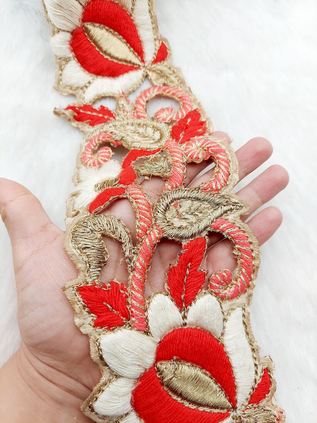 Floral Cutwork Trim Red, off White and Gold Zari Embroidery, Floral ...