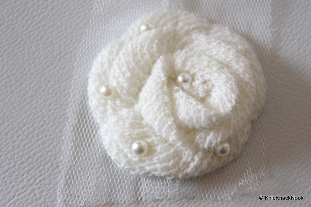 White Crochet Wool Rose Flower With Pearl Studs Appliqué X 2 - Etsy