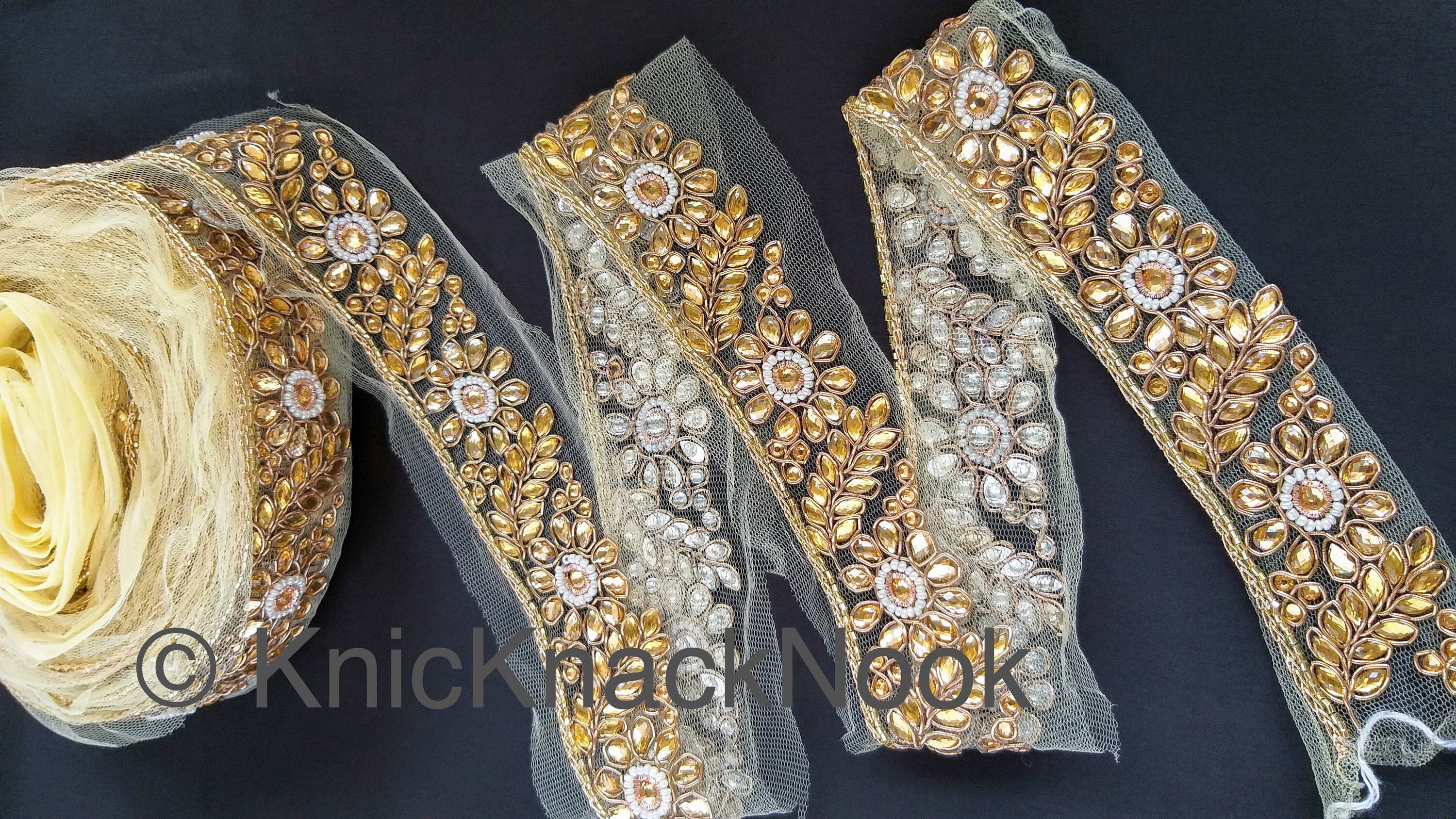 Hand Embroidered Beige Net Lace Trim With White Beads Gold - Etsy UK