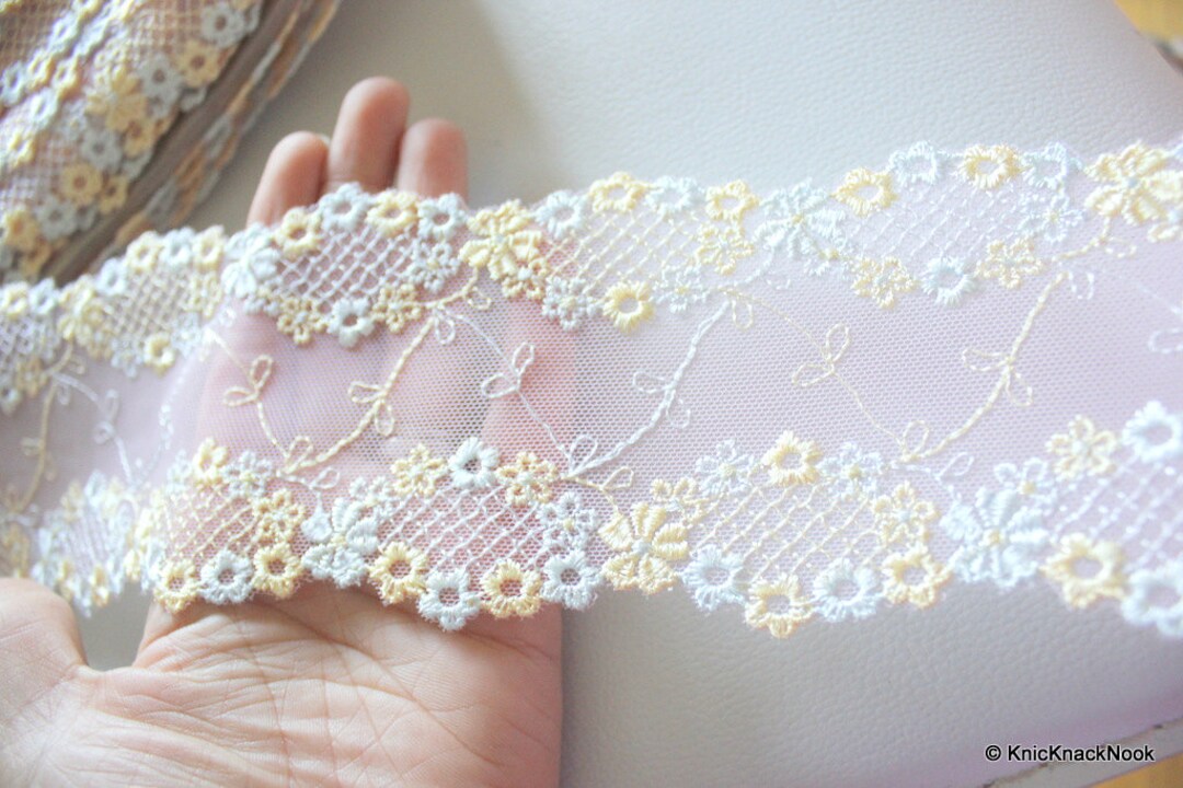 Light Pink Soft Net Lace Trim With Embroidered Yellow and Blue Flowers ...