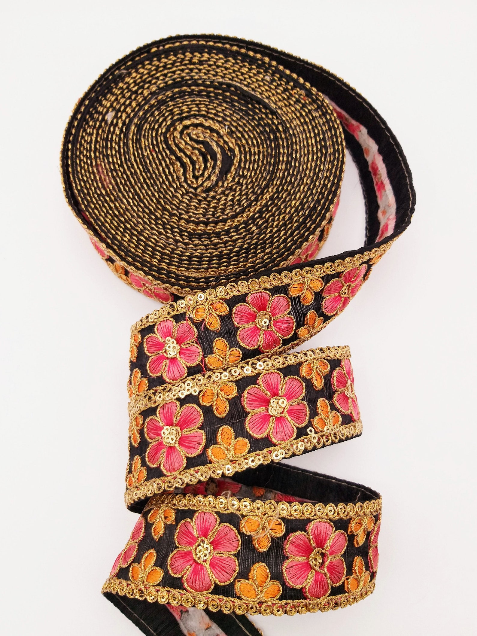 Black Art Silk Fabric Trim with Floral Embroidery Gold And | Etsy