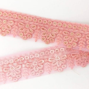 Pink Net Lace Trim With Floral Embroidery and Gold Sequins, Sequinned ...
