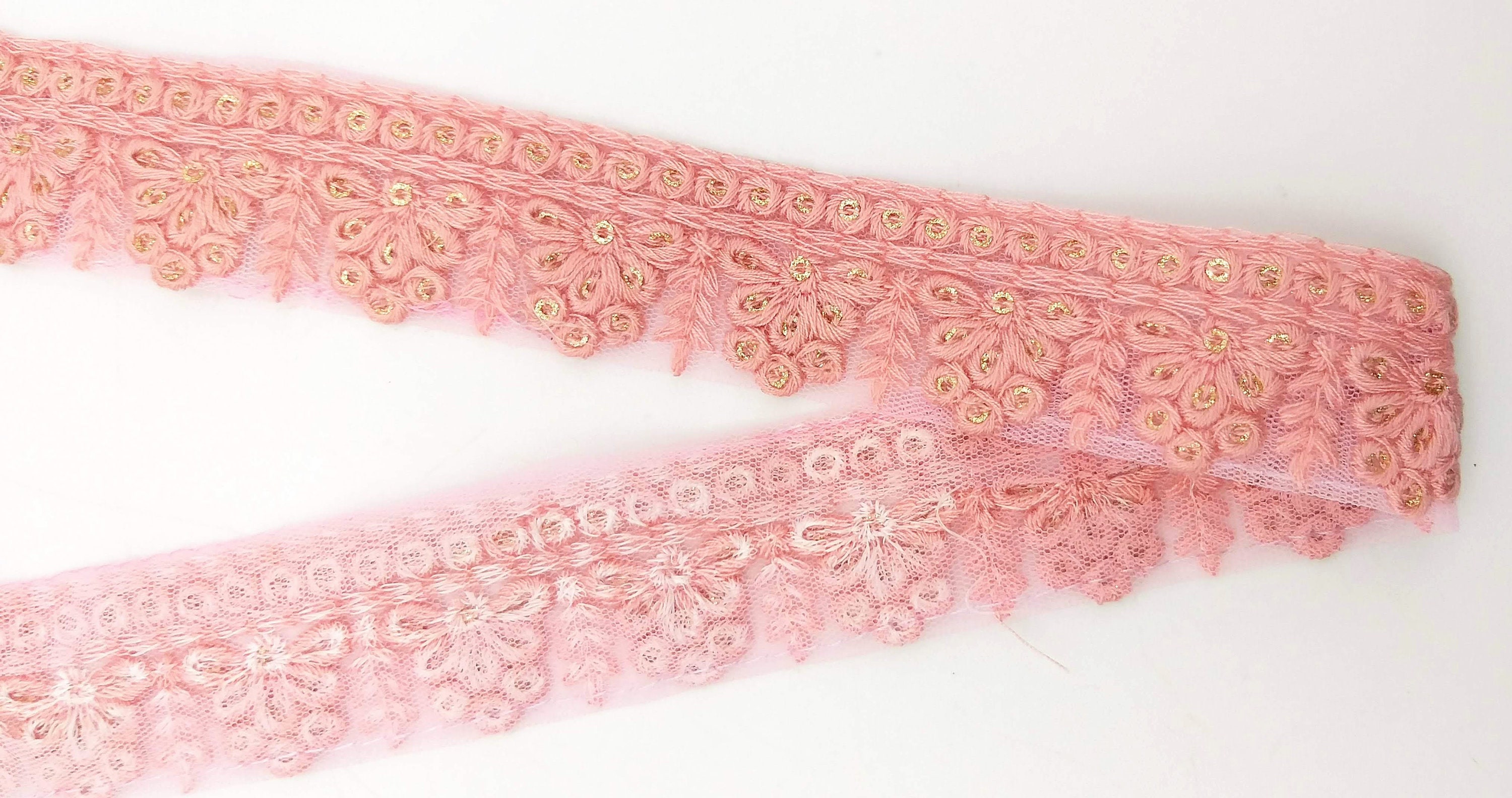 Pink Net Lace Trim With Floral Embroidery And Gold Sequins | Etsy