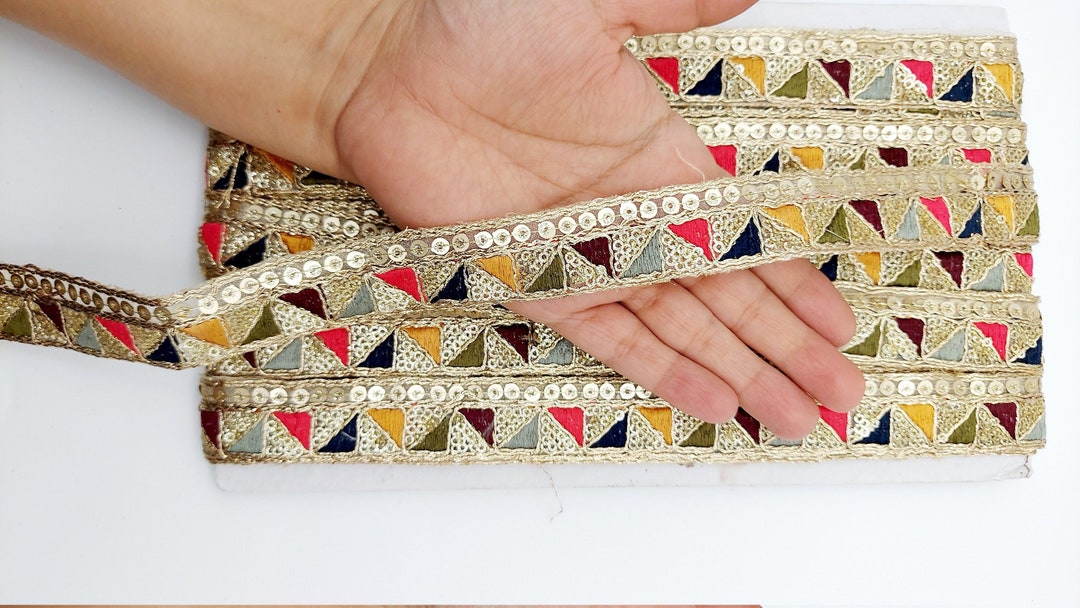 Gold Sequin Border With Multicoloured Triangle Embroidery, Beige ...