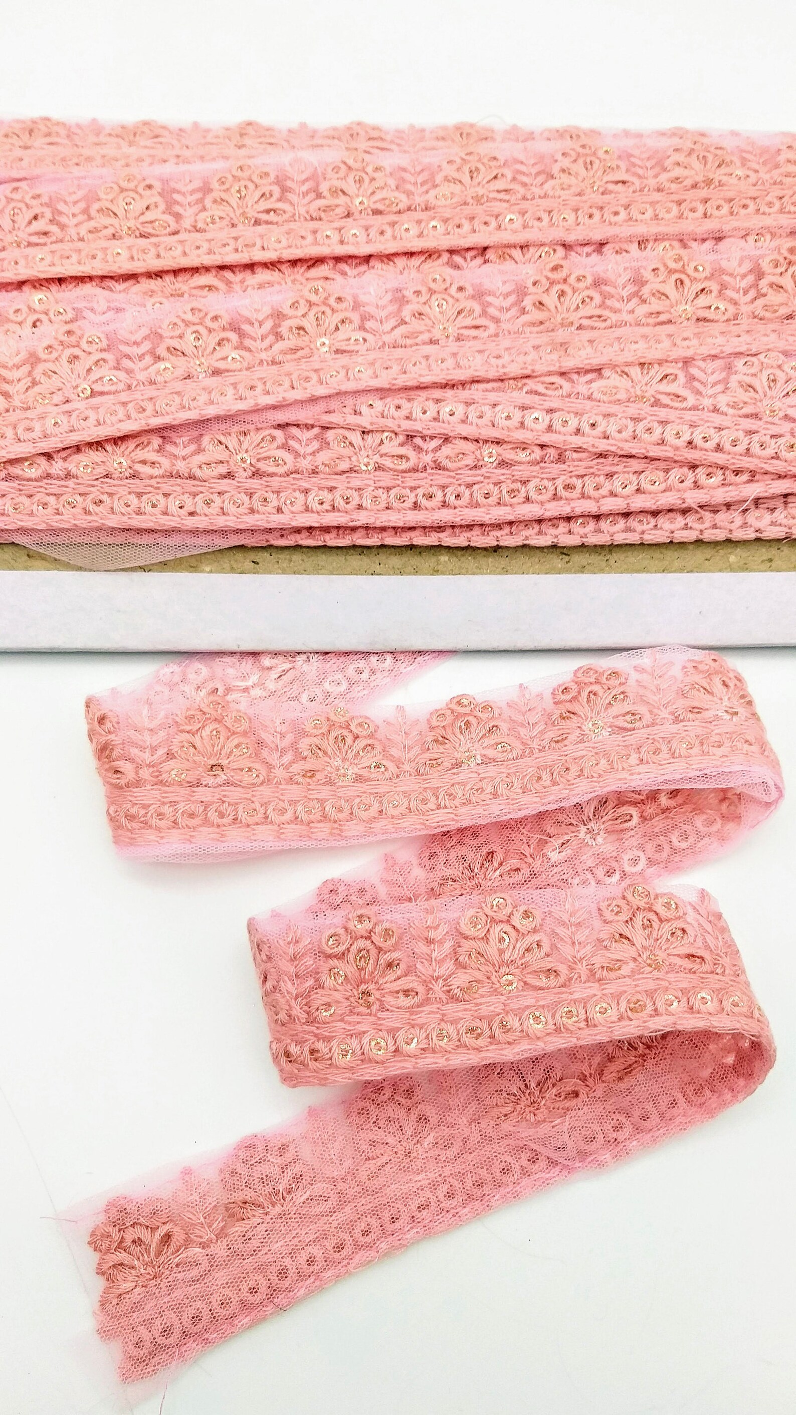 Pink Net Lace Trim With Floral Embroidery And Gold Sequins | Etsy