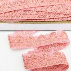 Pink Net Lace Trim With Floral Embroidery and Gold Sequins, Sequinned ...