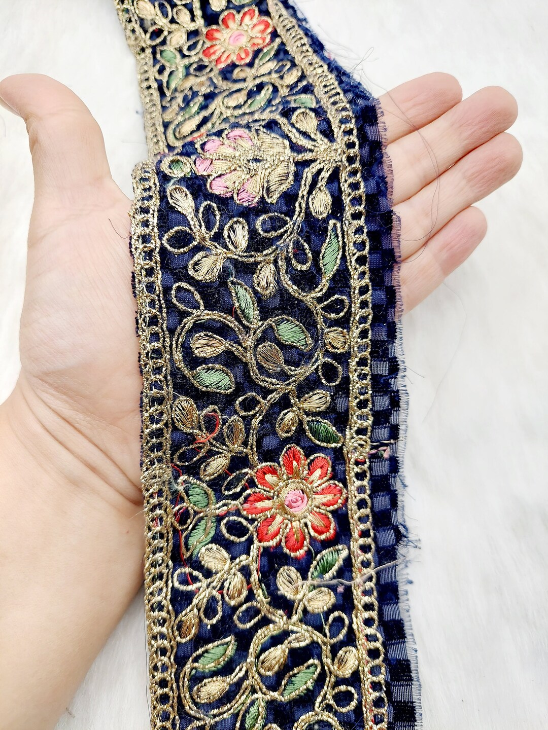 Navy Blue Chequered Velvet Trim in Gold Floral Embroidery, Gota Patti Edging Trim, Trim by Yard ...