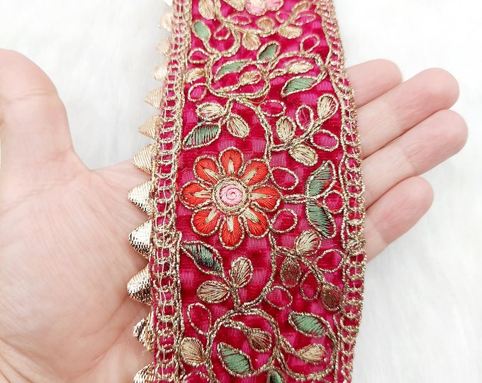 Maroon Chequered Velvet Trim in Gold Floral Embroidery, Gota Patti ...