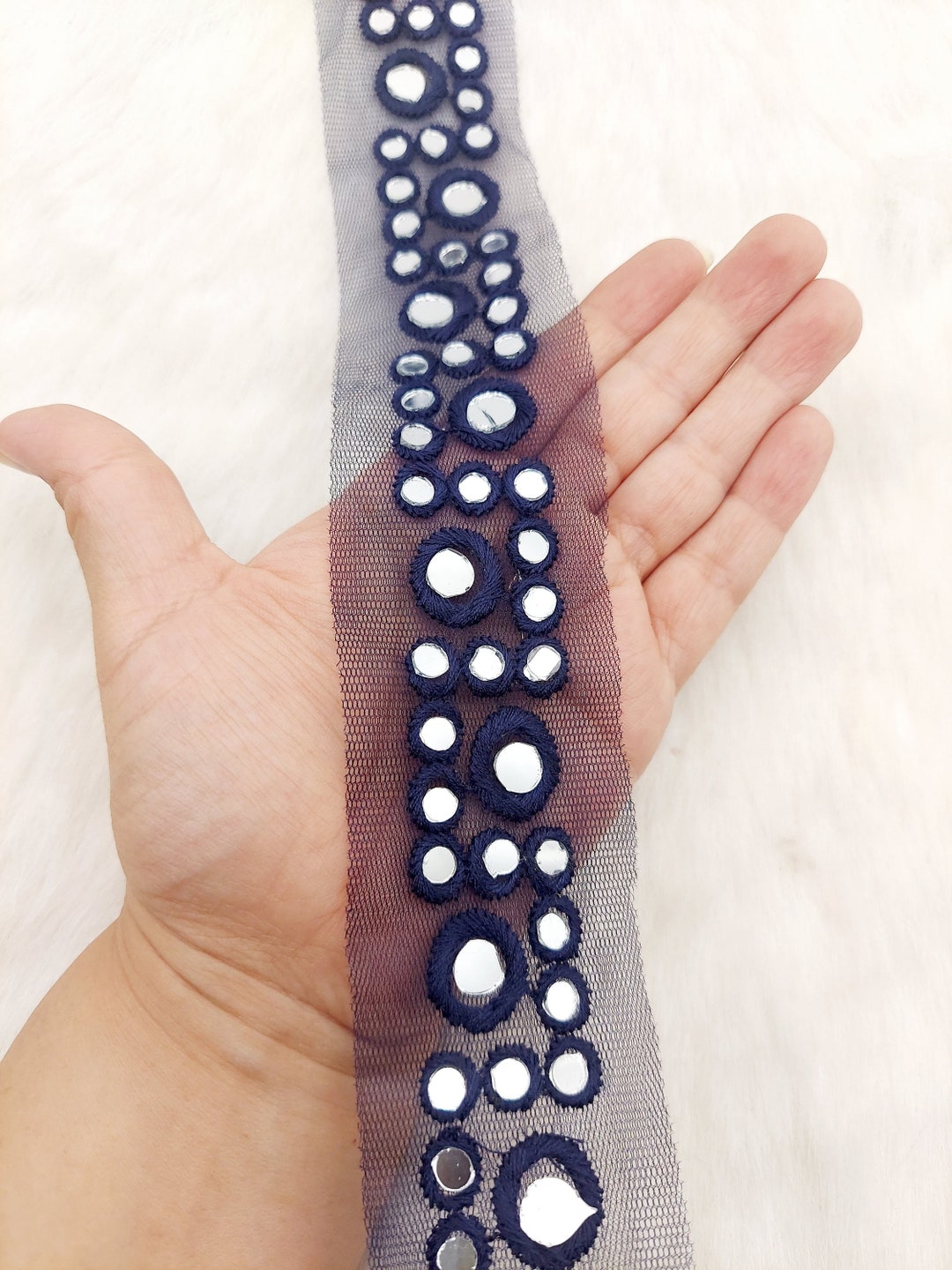 Navy Blue Net Lace Trim With Mirrors: Costume Embellishment (45mm Wide ...