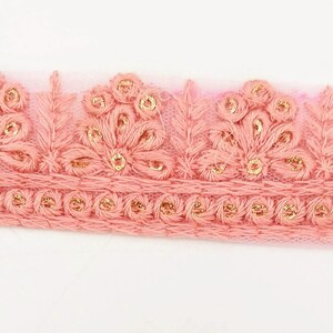 Pink Net Lace Trim With Floral Embroidery and Gold Sequins, Sequinned ...